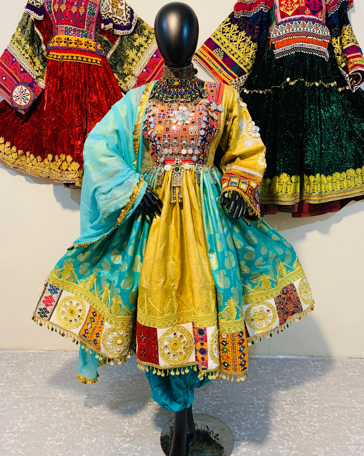 Afghan Yellow & Turquoise Hand-Embroidered Bridal Frock with Coin Work ...