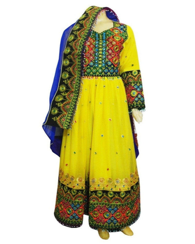 Afghan Yellow Gown – Handmade Mirror Work Dress | Traditional ...