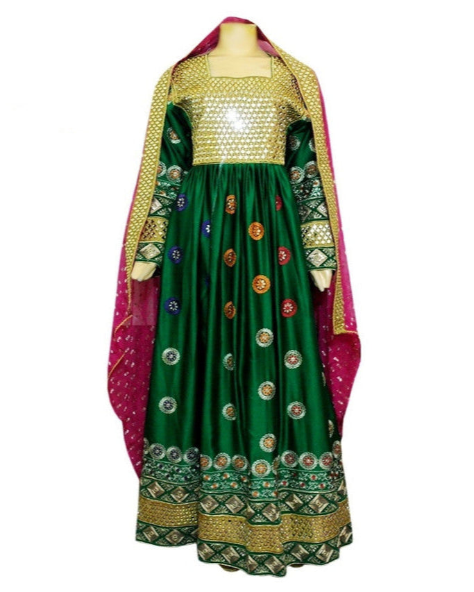 Afghan Mirror Work Dress – Handmade Green Embroidered Traditional ...