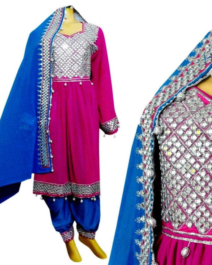 Elegant Afghan Dress in Pink & Blue – Handmade Traditional Attire ...