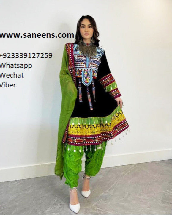 Black and Green Afghani Dress – Handmade Traditional Afghan Gown ...