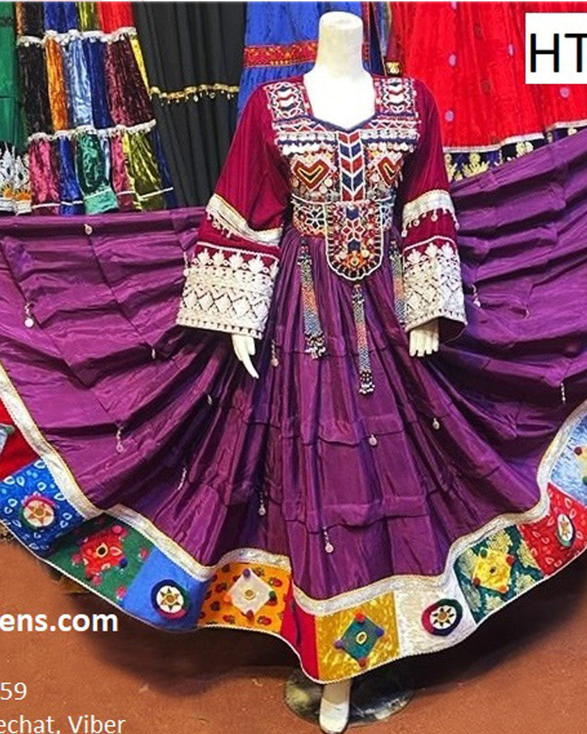 Handmade Kuchi Gown Frock – Purple Afghan Dress with Coins & Embroidery ...