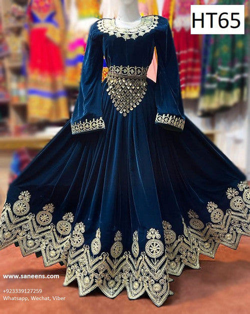 Afghan Blue Velvet Gown Dress – Traditional Handmade Embroidered Long ...