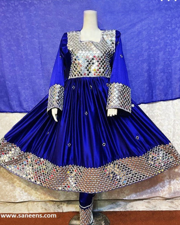 Afghan Blue Chiffon Dress with Mirror Work – Handmade Traditional ...