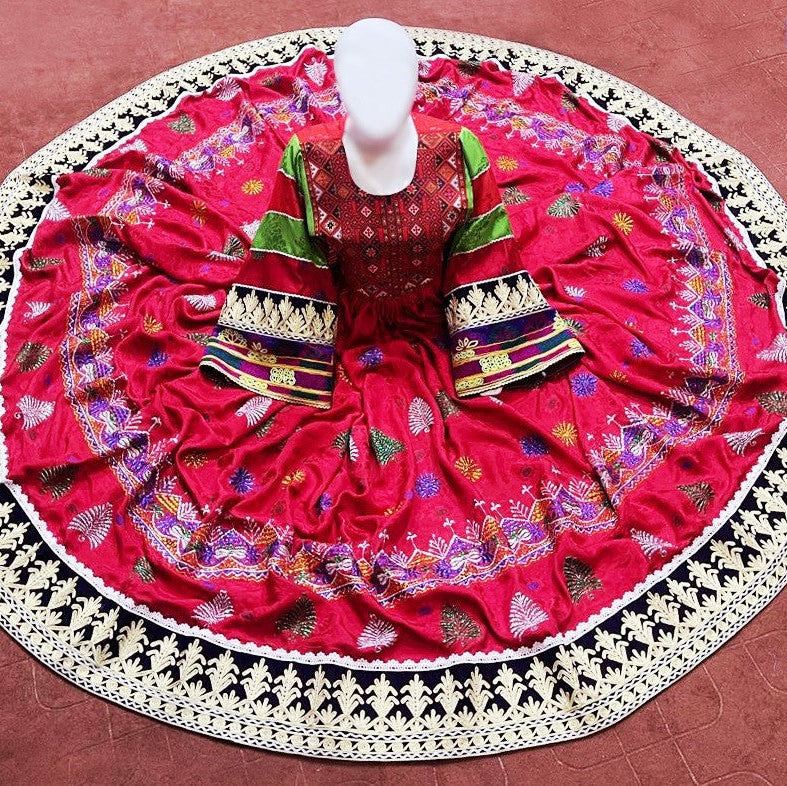 Afghan Long Frock in Red – Handmade Traditional Dress with Embroidery ...