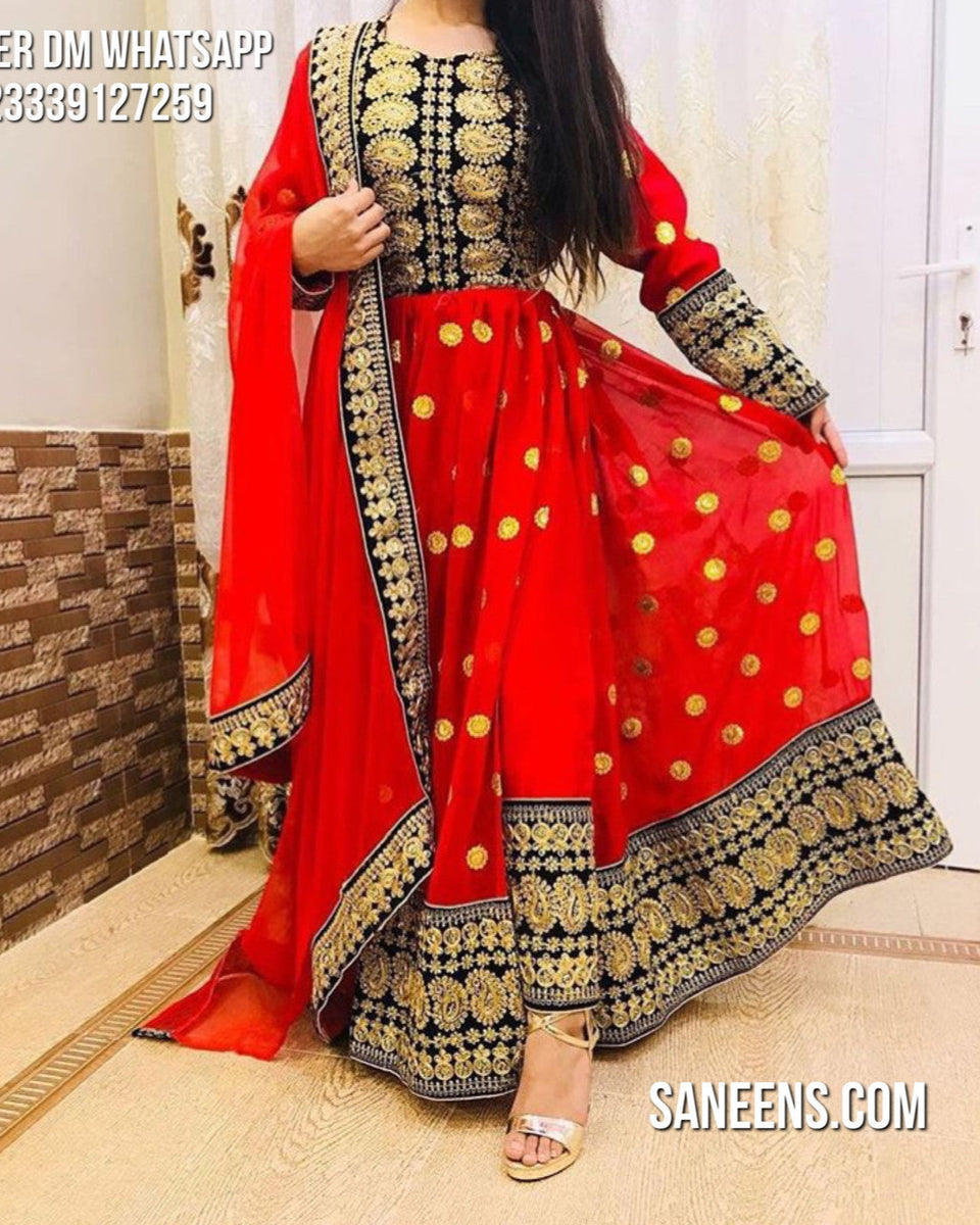Afghan Tradition Kuchi Style Suit In Red Color With Sequin Lace ...