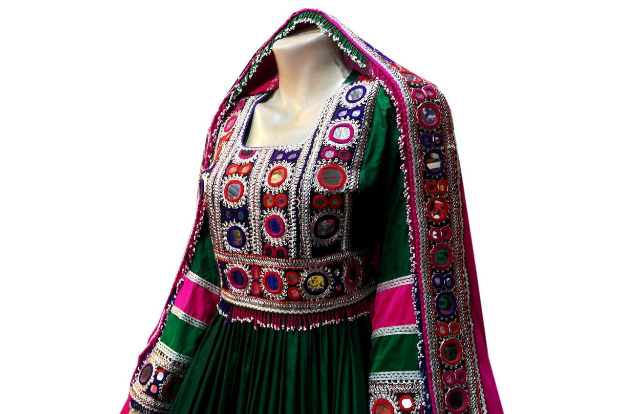 afghani dress with genuine yakhan dozi embroidery needlework — saneens.com