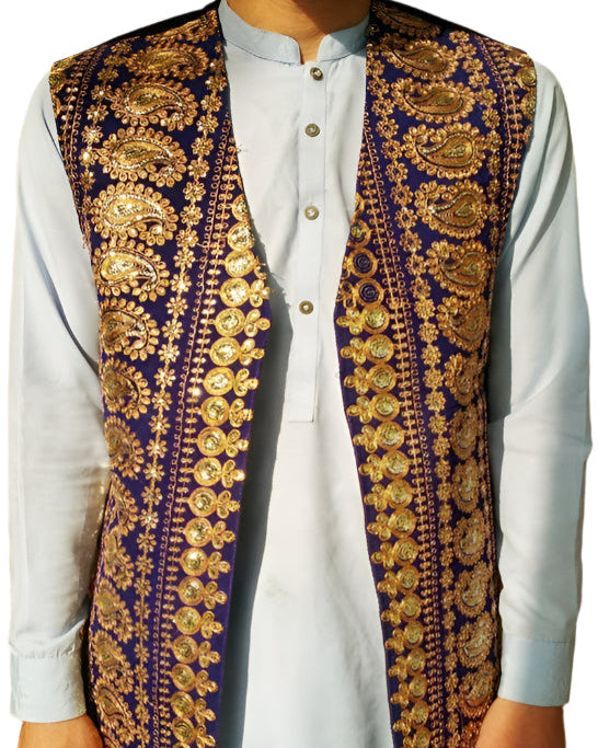 Afghan Velvet Waskat – Traditional Pakhtoon Blue Waistcoat for Men ...