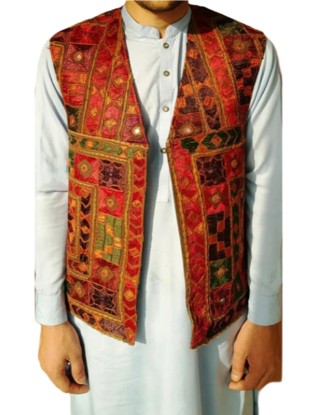 Afghan Vest for Men – Red Pakhtoon Waskat with Hand Embroidery ...