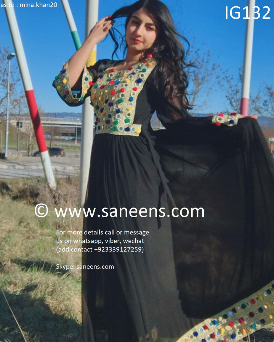 Afghan Mirror Work Black Dress – Handmade Embroidered Traditional Dress ...